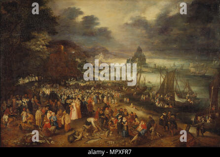 Jesus preaching from a boat on the shore of the Sea of Galilee. Hand ...