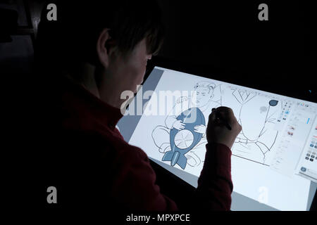 North Korean defector Choi Sung-Guk posing next to a drawing on a ...