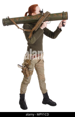 girl mercenary with RPG rocket launcher isolated on white Stock Photo ...
