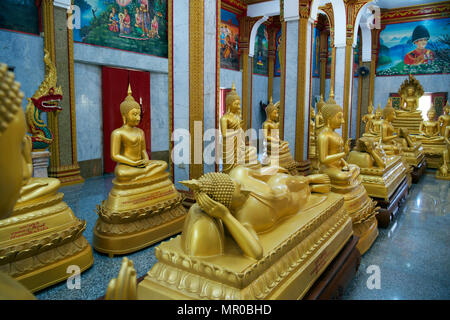 Interior with Buddha's statues, Wat Chalong, the biggest temple on ...
