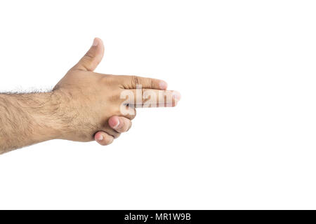 Man making gun gesture, holding fingers in mouth, looking at camera ...
