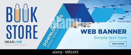 Vector Bookstore banner, logo with blue books on a bookshelf, add your ...