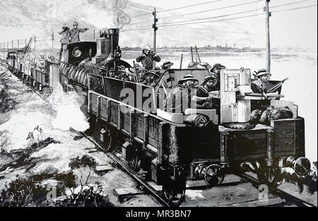 Illustration depicting the rear of an armoured train with a Gatling gun ...