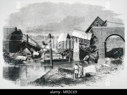 Illustration depicting the aftermath of a major train accident. Dated ...