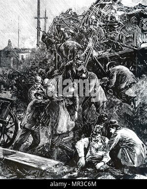 Illustration depicting the aftermath of a major train accident. Dated ...