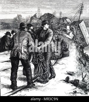 Illustration depicting the aftermath of a major train accident. Dated ...