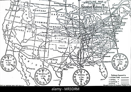 U.S.A. TIME ZONES MAP, 1883. /nAn 1883 map of the United States showing ...