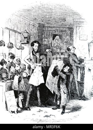Illustration depicting London paper boys in a crowded street. Dated ...