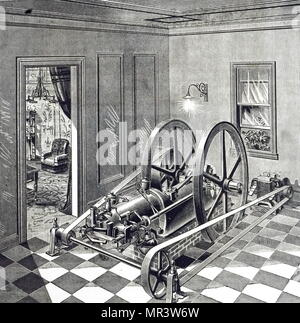 Otto gas engine. 19th-century illustration of a 2-cylinder, 50 ...