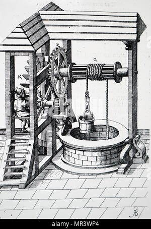 Illustration depicting a man raising a bucket of water using a tread ...