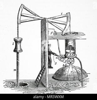 Engraving depicting Thomas Newcomen's atmospheric steam engine, 1705 ...