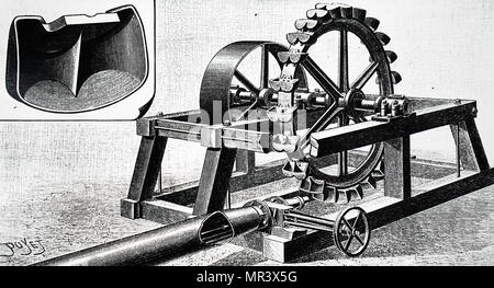 Engraving depicting a pelton wheel, showing the curved divided buckets ...