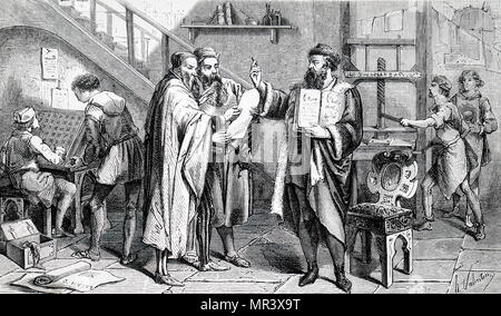 Engraving depicting Johannes Gutenberg's printer. Johannes Gutenberg ...