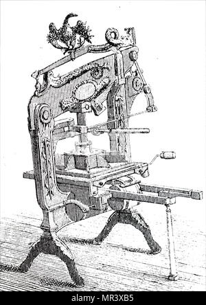 Illustration depicting the Columbian hand printing press, invented by ...