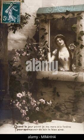 Vintage, French, postcard depicting a pensive woman in a yellow ...
