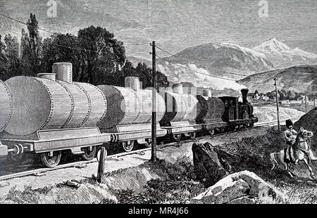Illustration depicting an oil train carrying oil from the Branobel oil ...