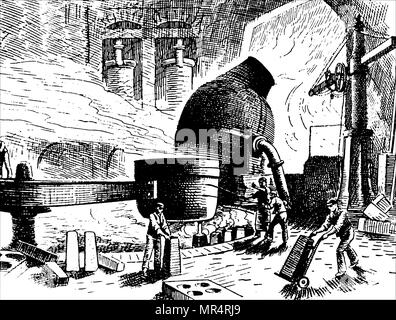 An engraving depicting the Bessemer process in action: manoeuvring the ...