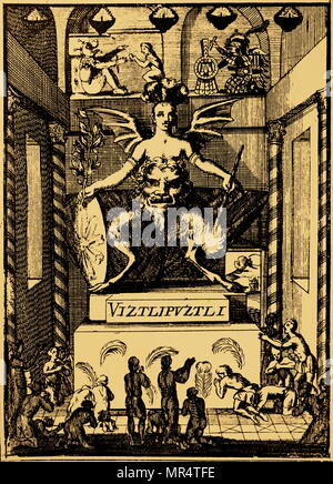 Engraving depicting the Aztec Sun God Huitzilopochtli. Dated 17th ...