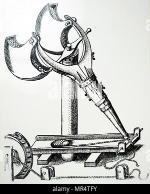 Engraving depicting a trebuchet - a war engine for projecting missiles ...