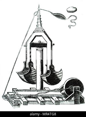 Engraving depicting a trebuchet - a war engine for projecting missiles ...