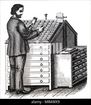 Illustration depicting a compositor making up a line of type. In his ...