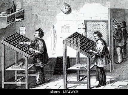 Illustration depicting a compositor making up a line of type. In his ...