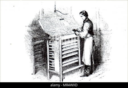 Illustration depicting a compositor making up a line of type. In his ...