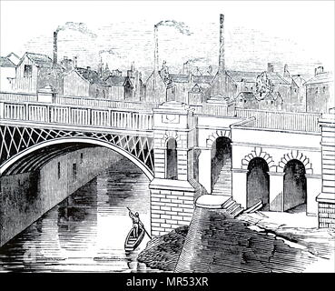 An engraving depicting an iron bridge over the River Irwell, Manchester ...