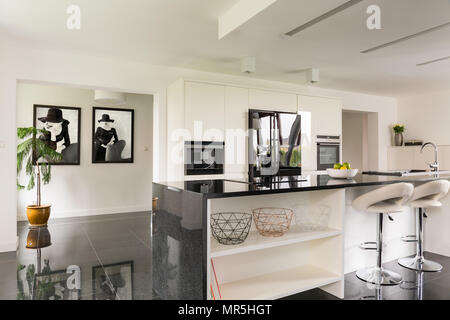 Interior of contemporary kitchen with stylish black cupboards and ...