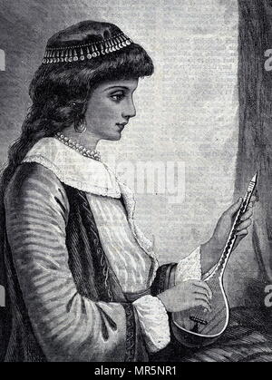 music,musician,mandolin playing lady of the harem,lithograph,early 19th ...