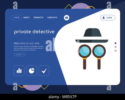 Detective flat landing page website template. Handcuffs, fingerprint ...