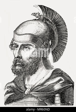 Carthaginian general Hamilcar, father of Hannibal. Hand-colored etching ...