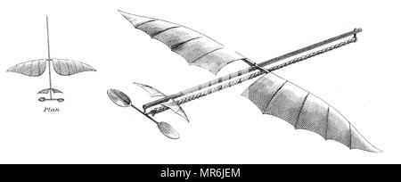 Engraving depicting Alphonse Pénaud's model helicopter driven by ...