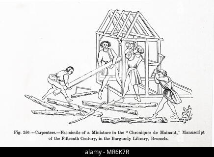 A woodcut engraving depicting carpenter's erecting a building. Woodcut ...
