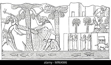 Engraving of a bas-relief depicting the Assyrian fish-tailed god Oannes ...
