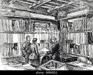 Engraving of a library of chained books at Wimborne Minster, circa 1890 ...