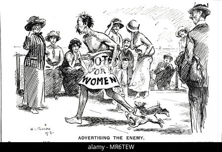 Cartoon commenting on the women's suffrage movement - a suffragette ...