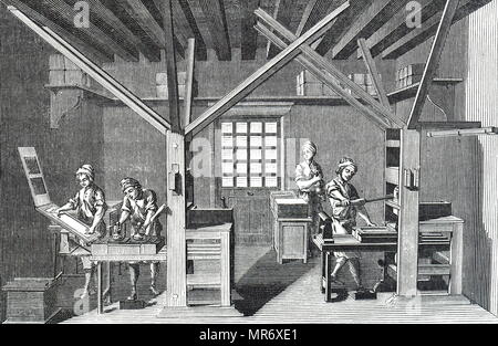 Illustration depicting a printer's workshop. Dated 18th century Stock ...