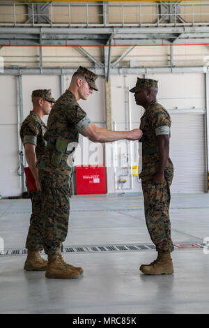 Sgt. Maj. Joseph O. Richardson (left) prepares to pin Maj. Michael C ...