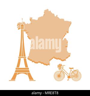 Map of France, bicycle with a basket of flowers, pigeons. Travel and ...