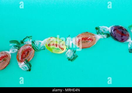 Campino boiled fruit flavoured sweets on a turquoise background Stock ...
