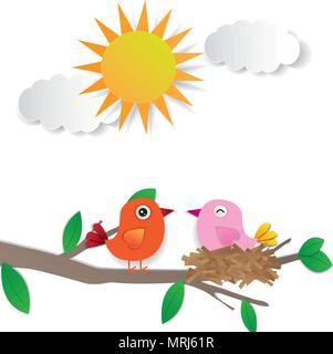 birds on branch, sunny day, paper craft illustration on blue background ...