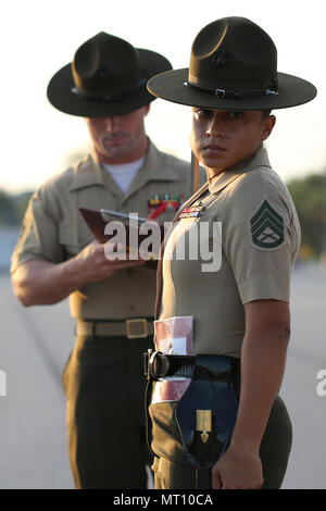 A drill master with the Recruit Training Regiment, inspects recruits ...