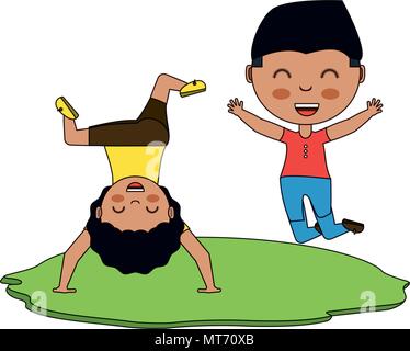 cartoon kids jumping and standing upside down in the grass over white ...