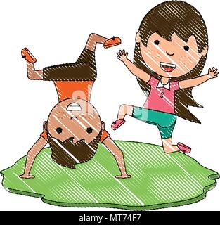cartoon kids jumping and standing upside down in the grass over white ...