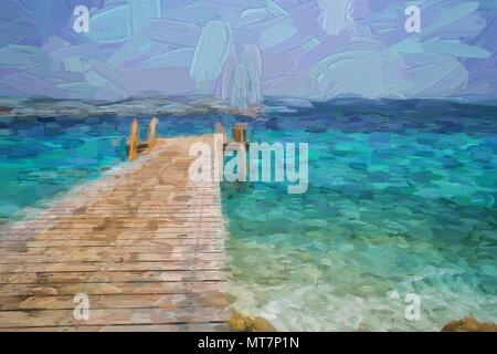 Original oil painting of boat and jetty(pier) on canvas.Sunset over ...