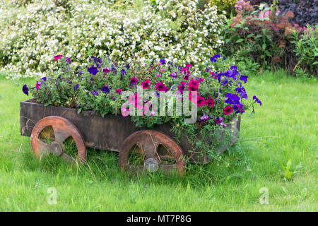 Old wooden vintage trolley with flower pots and boxes with colorful ...