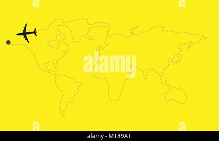 World map whit dashed trace line and airplanes flying, bus driving, and ...