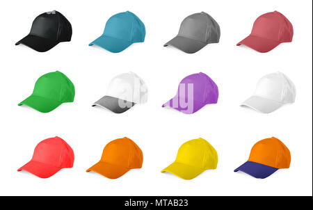 Set of colored baseball caps on a white background Stock Photo - Alamy