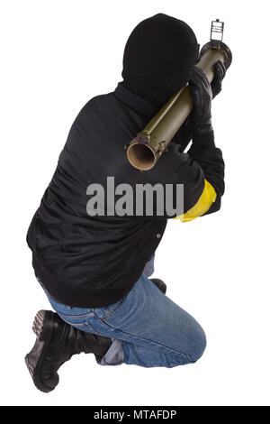 mobster with bazooka grenade launcher isolated on white background ...